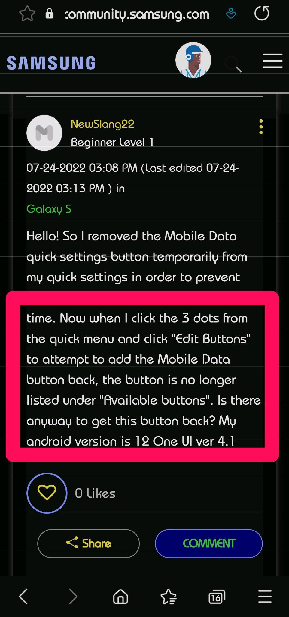 Solved: Galaxy S22 Ultra: Mobile Data button missing from ... - Samsung ...