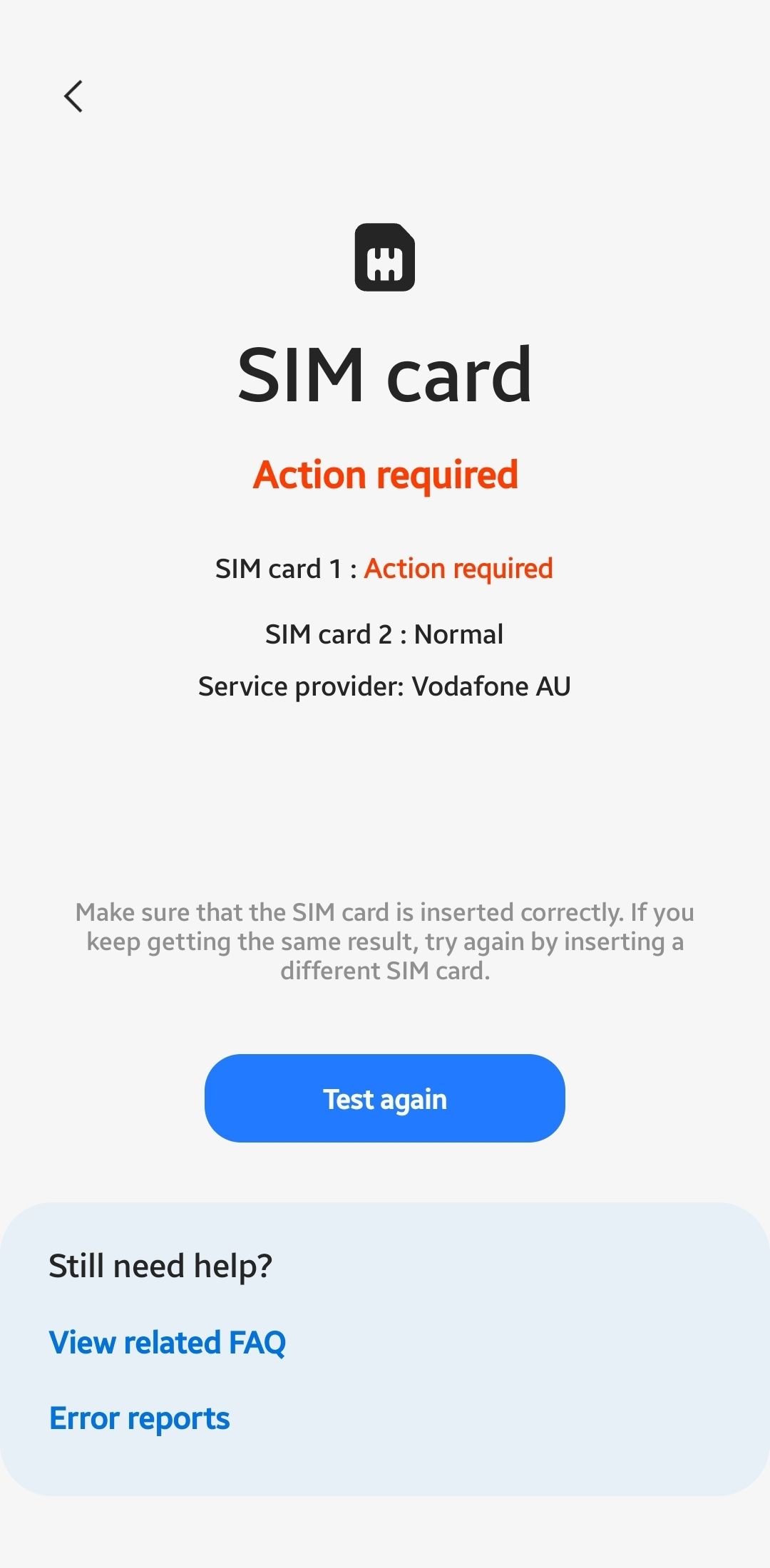 Solved: SIM card diagnostic test failure - Samsung Members