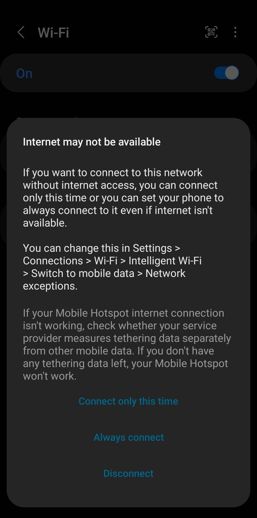 Pop-up for no internet hotspot [A72] - Samsung Members