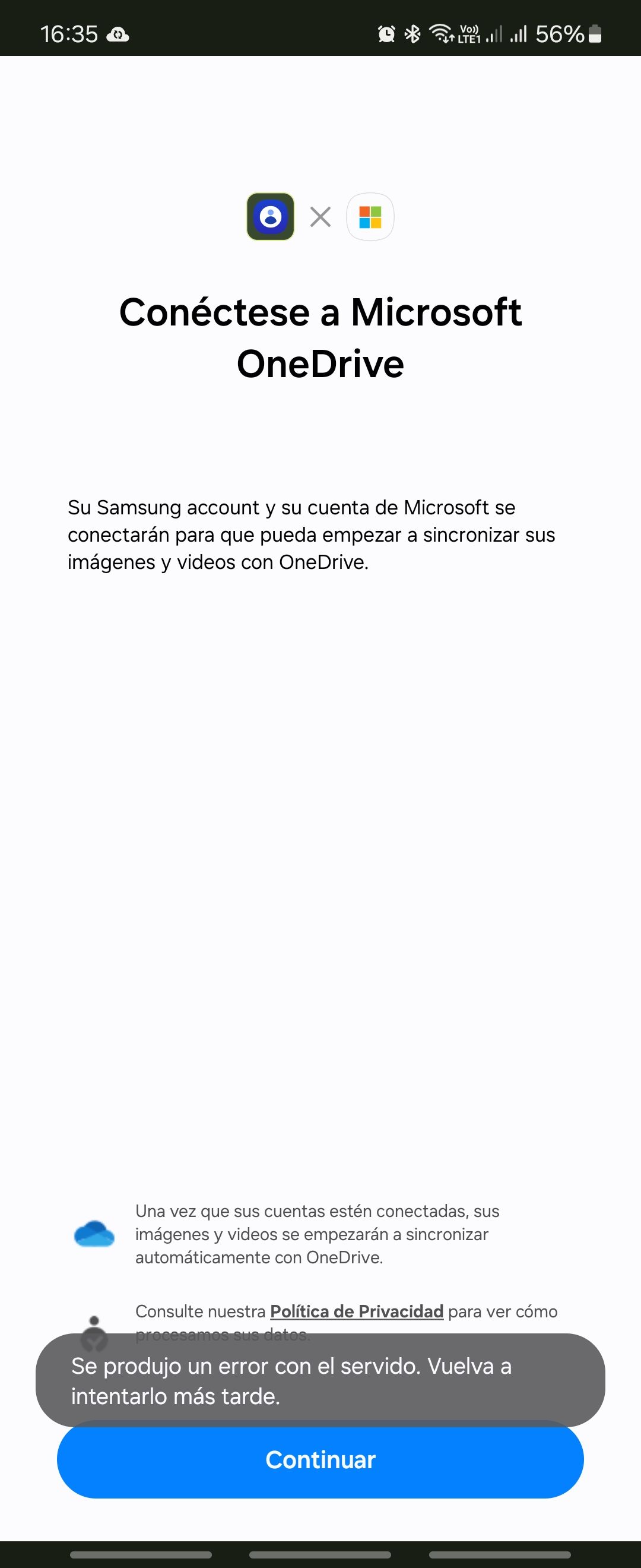 Error en sincronizacion con OneDrive - Samsung Members