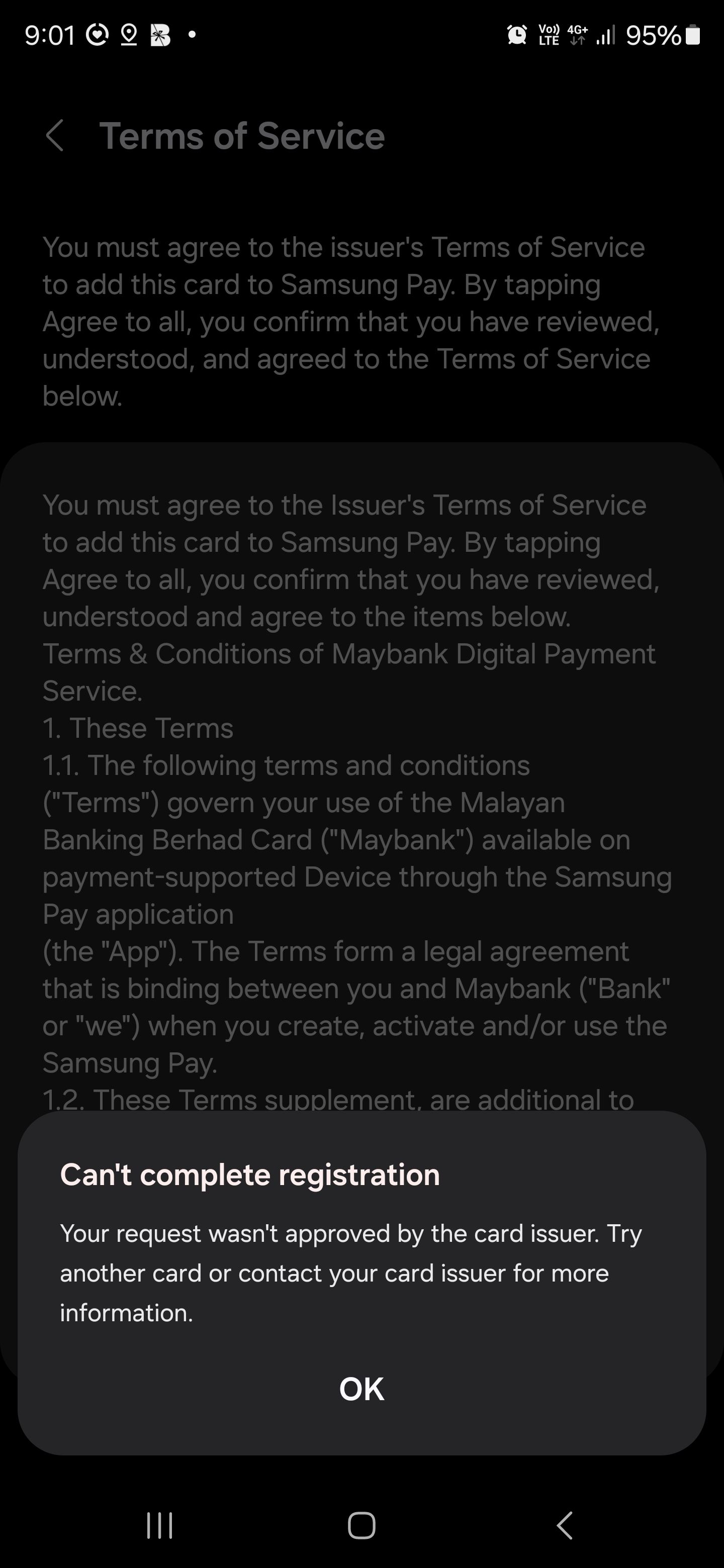 Fail on reactivate or adding debit card - Samsung Members