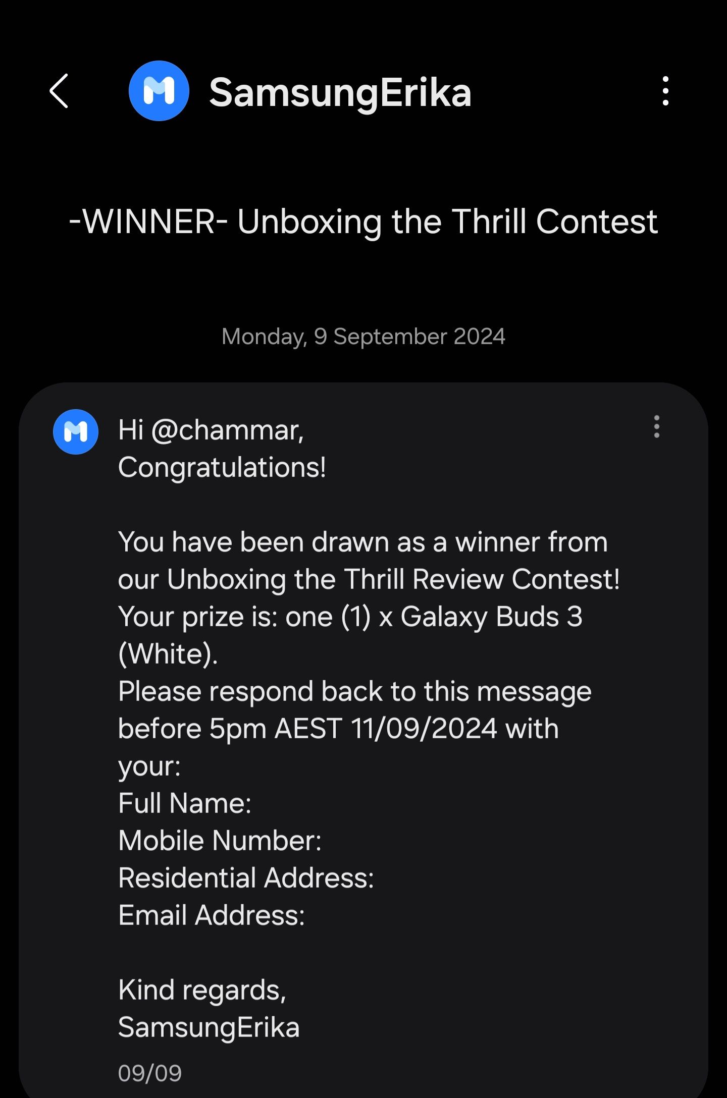 Thank you Samsung winner for a review - Samsung Members